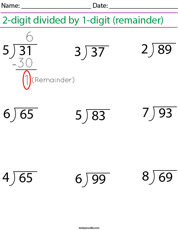 2-digit divided by 1-digit, with remainder Math Worksheet - Twisty Noodle